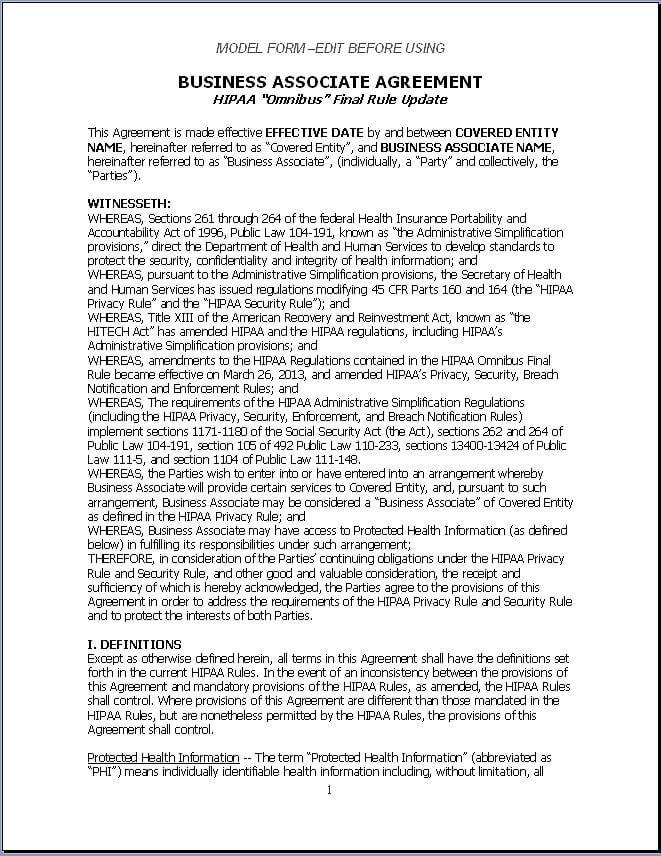 Business Associate Agreement Model Contract
